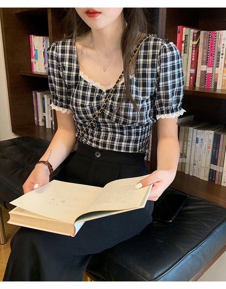 Square Collar Plaid Slim Shirt – Nada Outfit Land