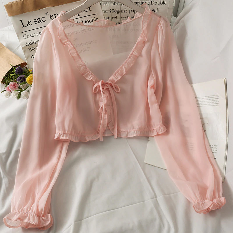 Long Sleeve Lace Bow Transparent Thin Blouse Shirt – Nada Outfit Land