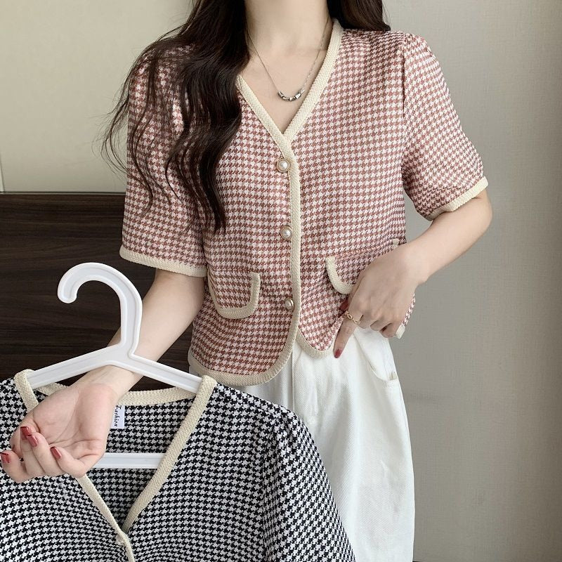 Short Sleeve Elegant Houndstooth Blouse – Nada Outfit Land