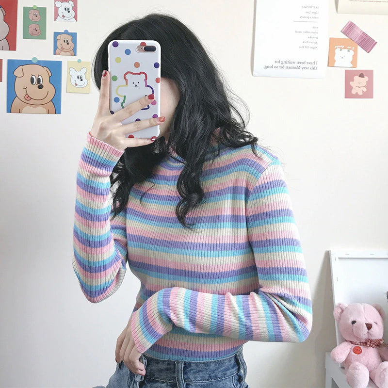 Cute Striped High Neck Slim Sweater – Nada Outfit Land