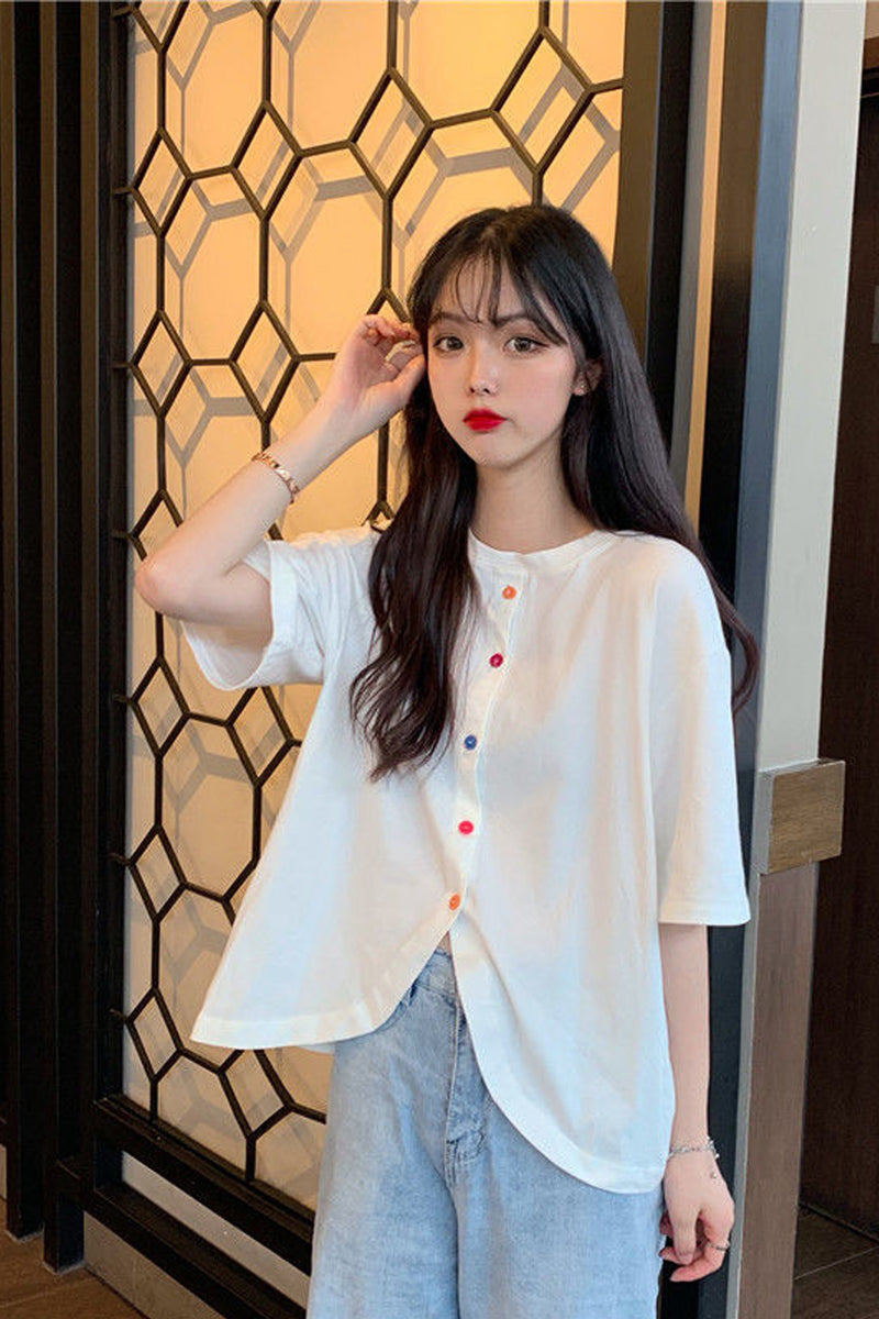 Colorful Buttons Short Sleeve Irregular Shirt – Nada Outfit Land