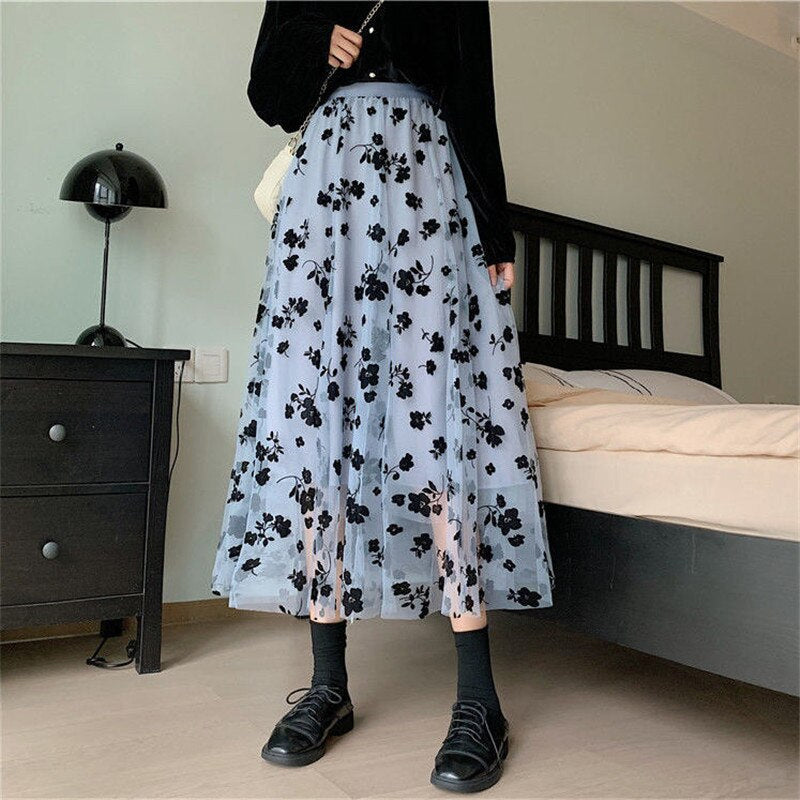 Flowers Pattern Mesh Transparent Long Skirt – Nada Outfit Land