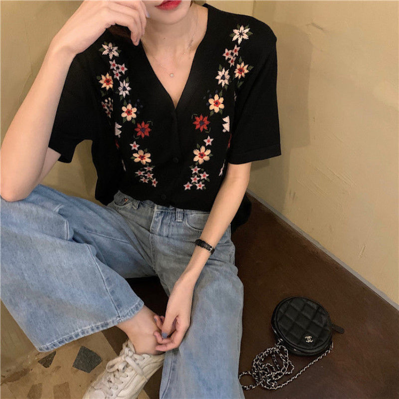 Short Sleeve V-Neck Floral Embroidered Shirts – Nada Outfit Land