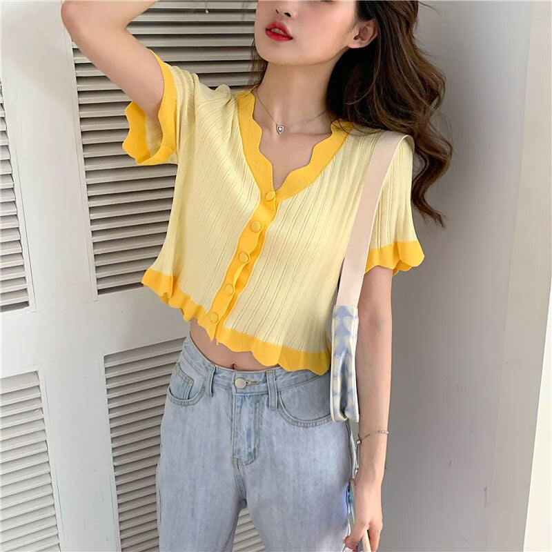 Short Sleeve V-Neck Ruffle Cropped Slim Shirts – Nada Outfit Land