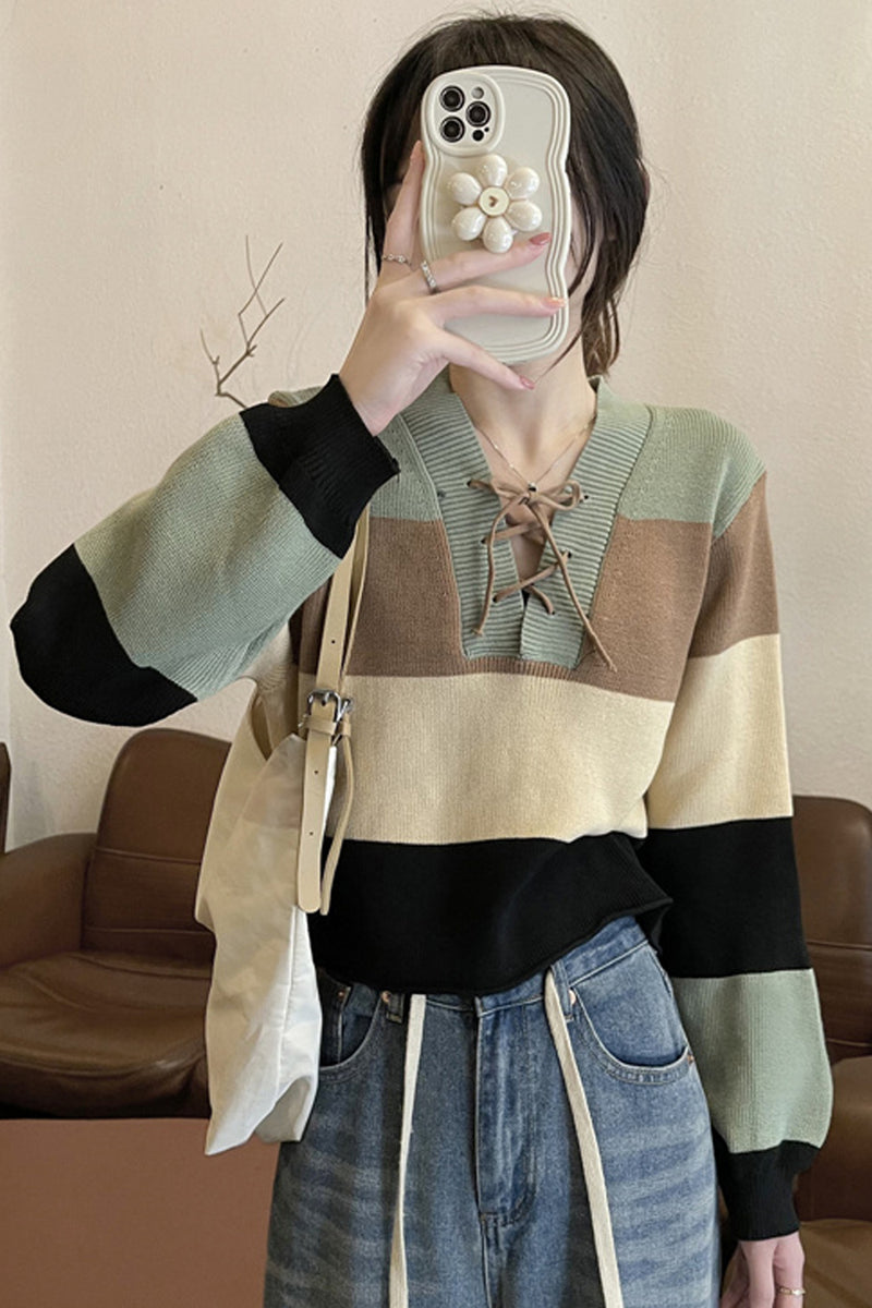 Lace Tie Striped Cropped Sweater – Nada Outfit Land