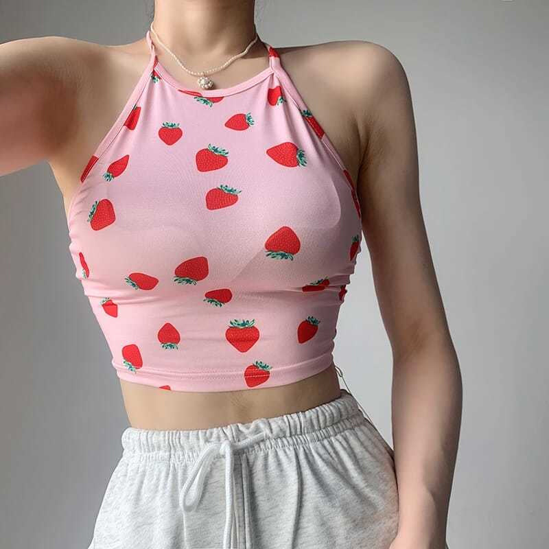 Cute Strawberry Pattern Halter Crop Tops – Nada Outfit Land