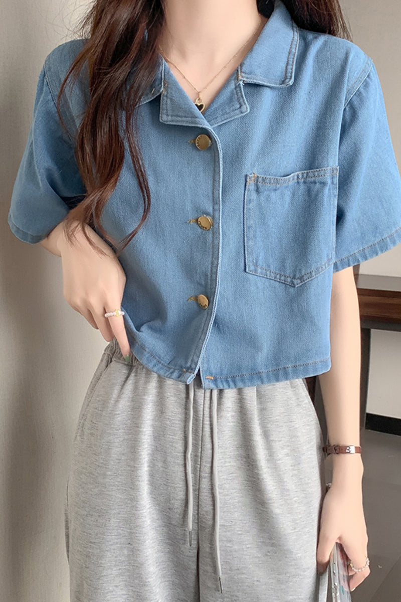 Short Sleeve Turn Down Collar Denim Shirt – Nada Outfit Land