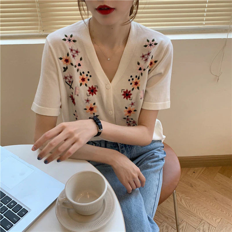 Short Sleeve V-Neck Floral Embroidered Shirts – Nada Outfit Land