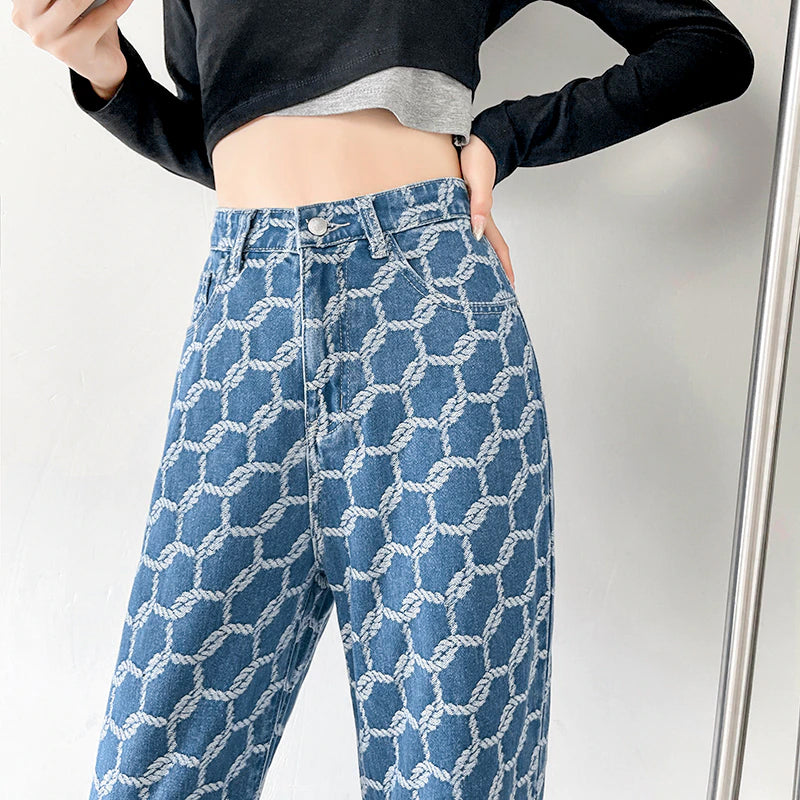 High Waist Ropes Pattern Long Jeans Pants – Nada Outfit Land