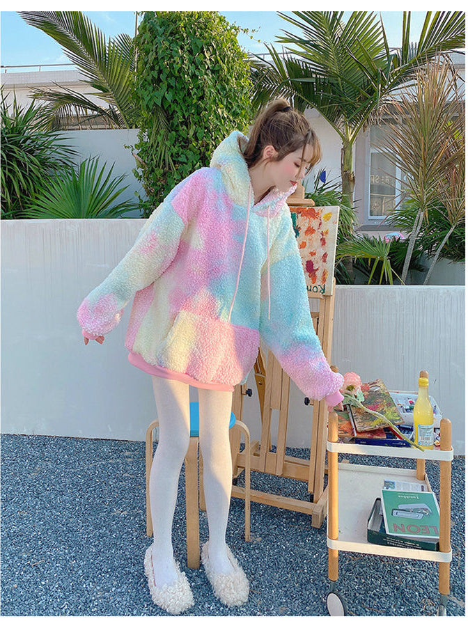 Tie Dye Colors Hooded Fluffy Jacket – Nada Outfit Land