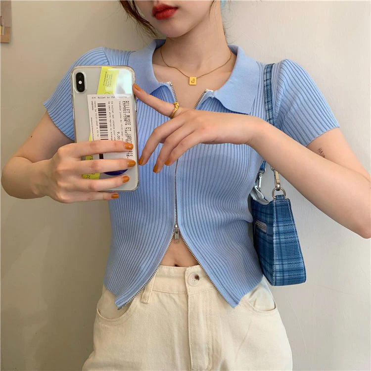 Short Sleeve Zipper Knitted Slim Shirt – Nada Outfit Land