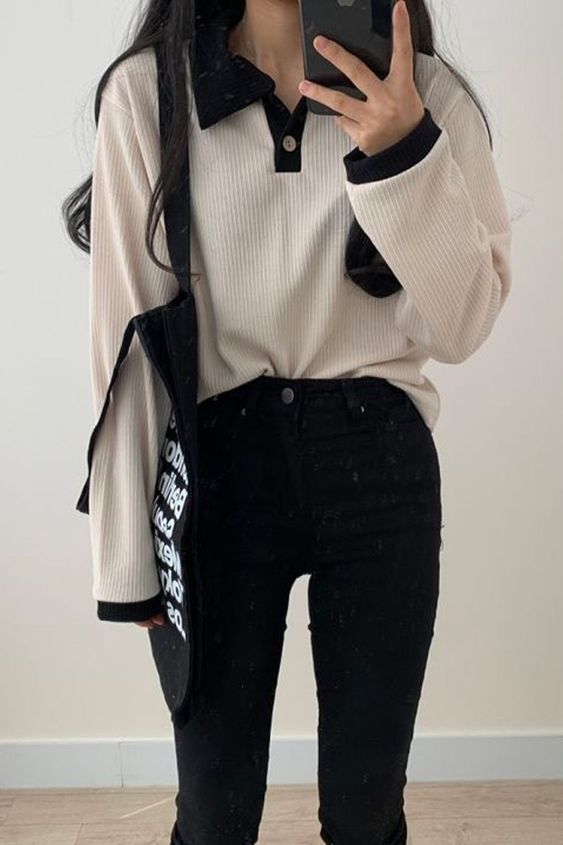 Long Sleeve Turn Down Collar Hit Color Shirt – Nada Outfit Land