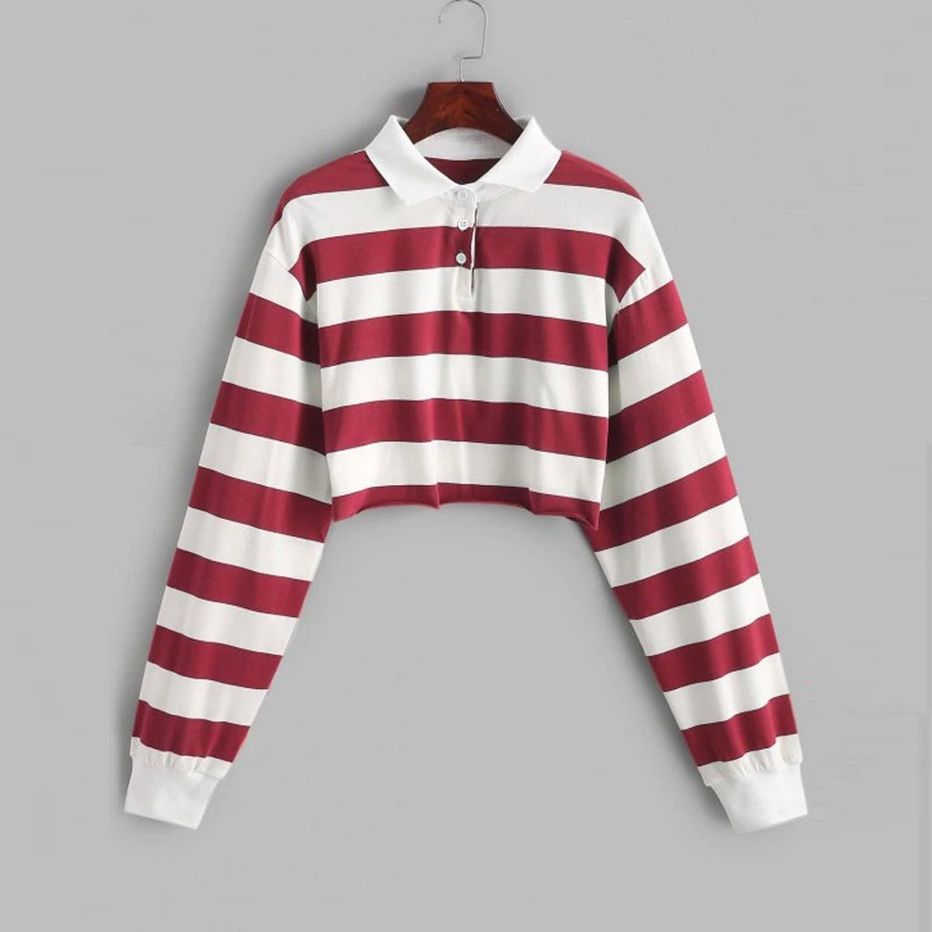 Colors Striped Long Sleeve Collar Cropped Shirt – Nada Outfit Land