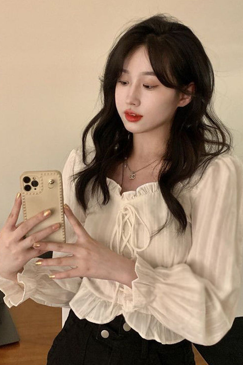 Long Sleeve Lace Tie Cute Blouse Shirts – Nada Outfit Land