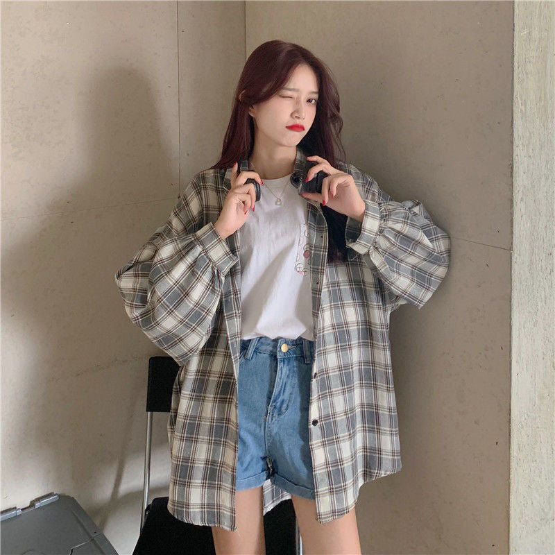 Long Sleeve Cute Plaid Loose Shirt – Nada Outfit Land